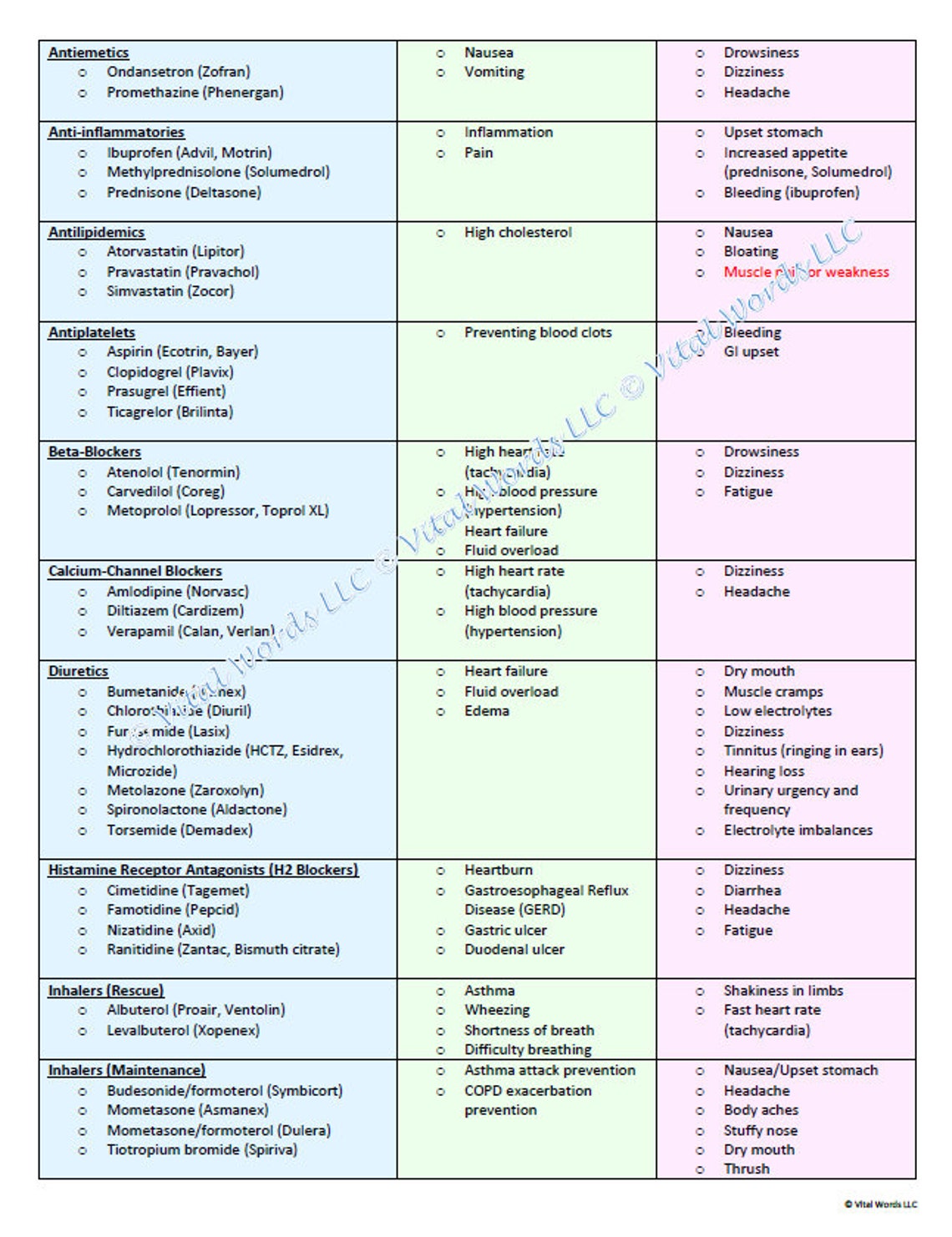 Simple Medication, Indication, and Side Effect Chart - Etsy