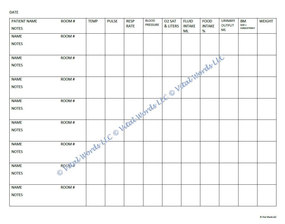 8 Patient Vital Signs and Intake and Output Tracking Sheet for Cnas or ...