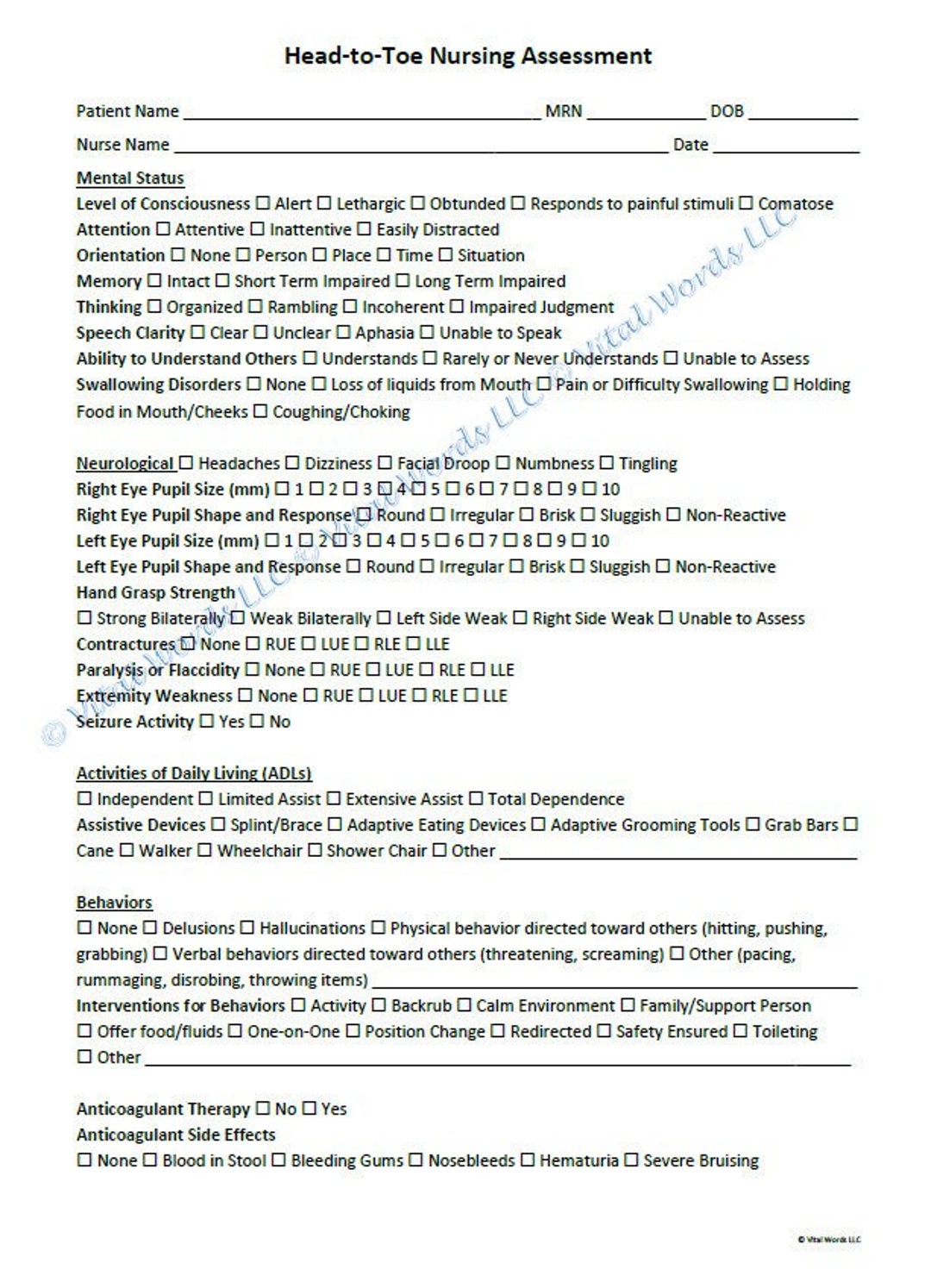 Head-to-toe Nursing Assessment Form With Check-boxes - Etsy