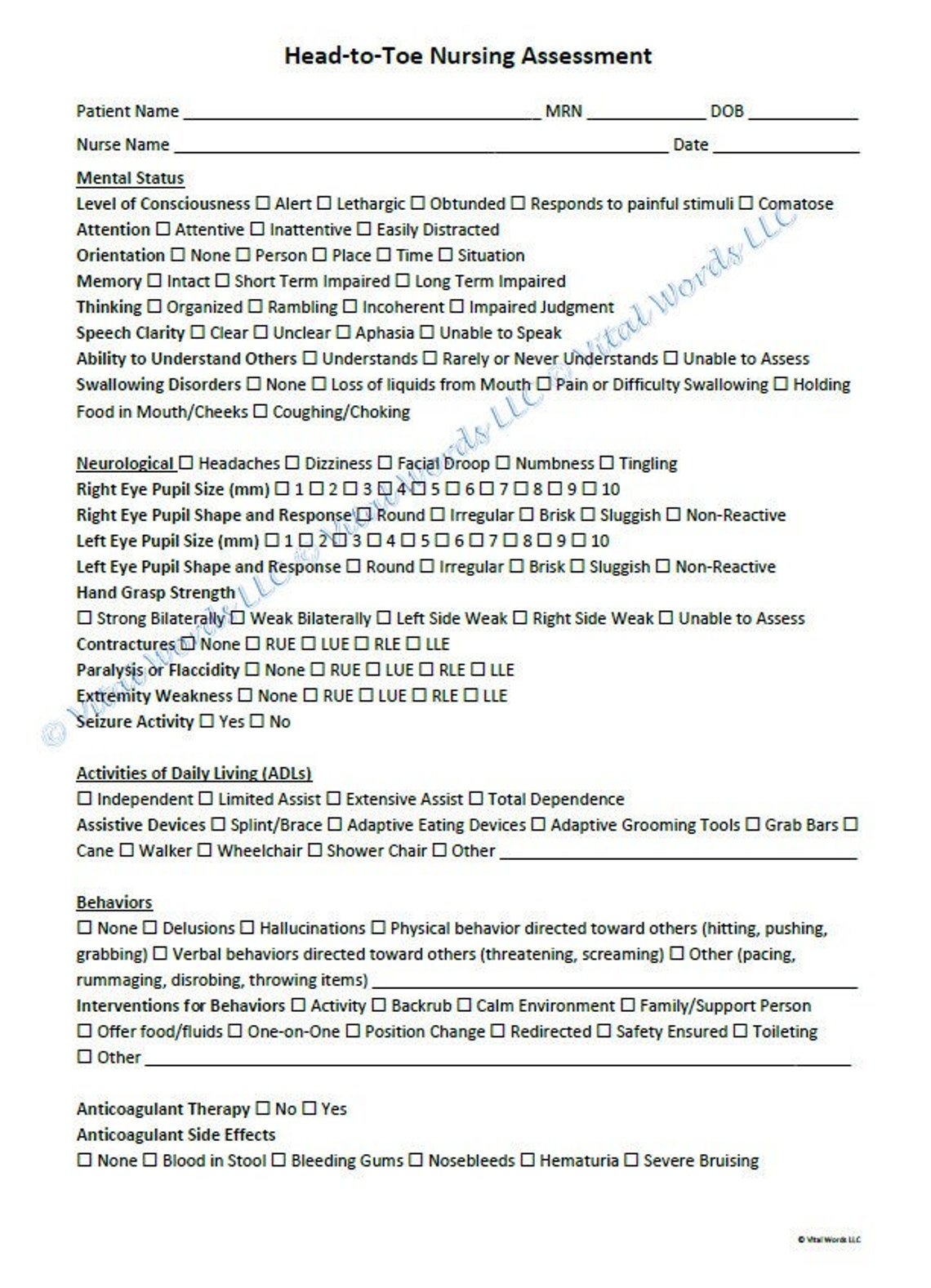 Head-to-toe Nursing Assessment Form With Check-boxes - Etsy