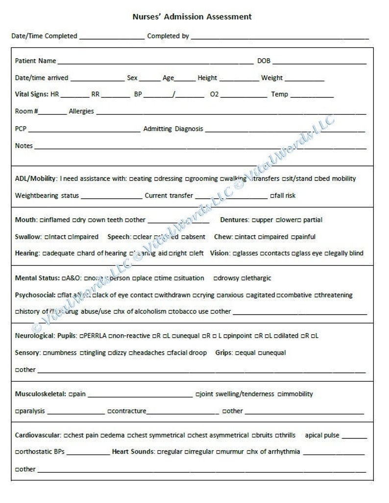 Nurse Head to Toe Admission Assessment (version 1) - Etsy