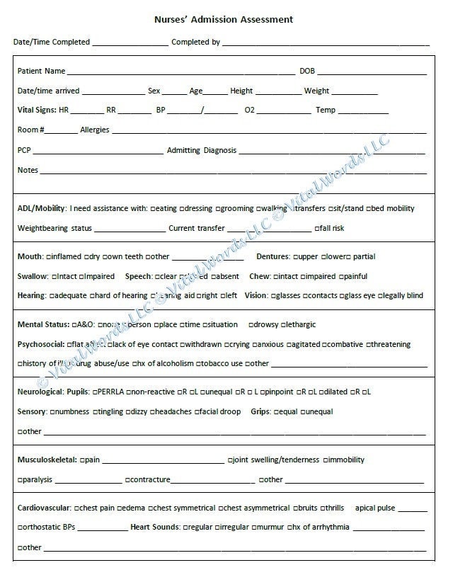 Nurse Head to Toe Admission Assessment (version 1) - Etsy