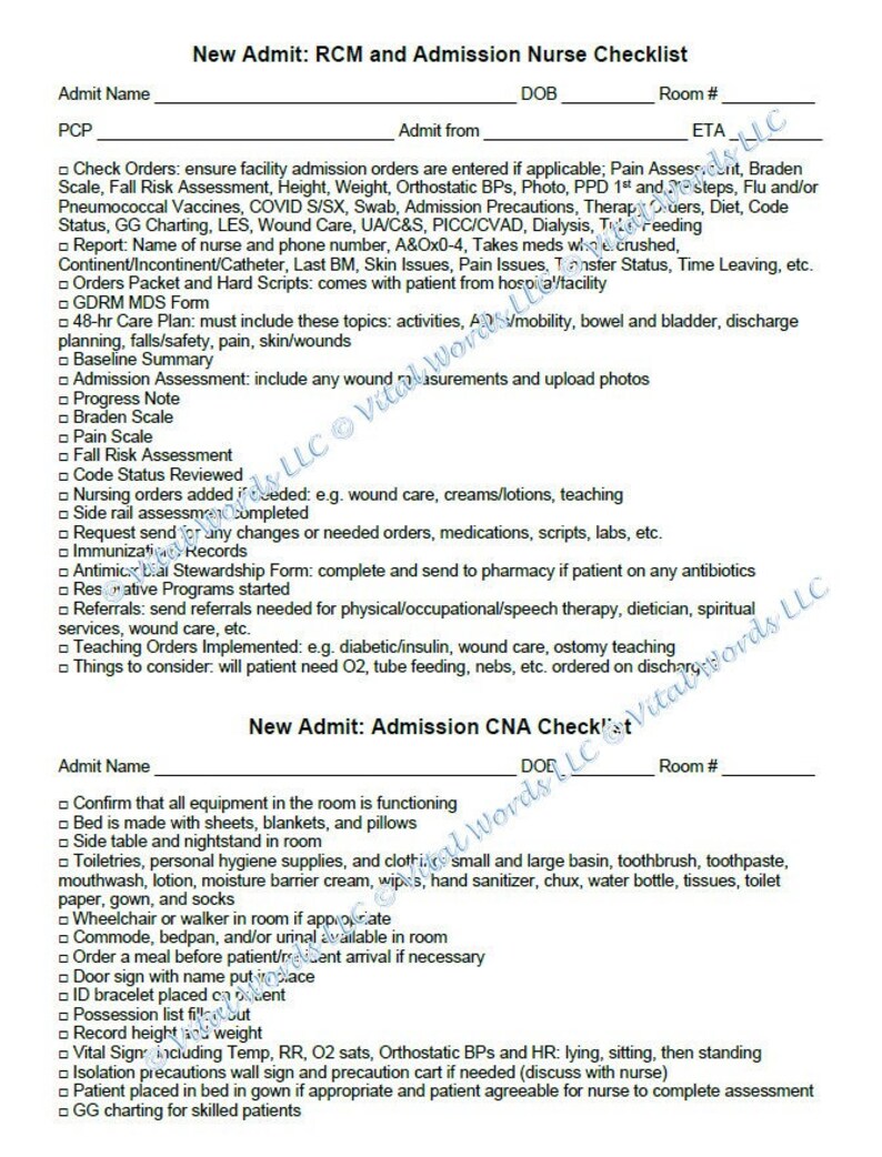 Admission Requirements and Room Readiness Checklist for Rcms, Nurses ...