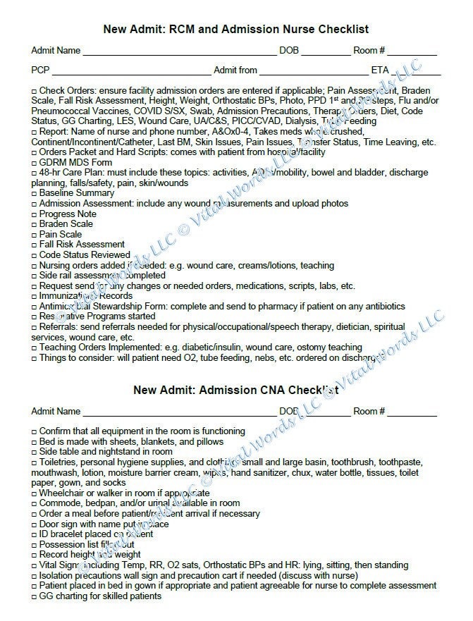 Admission Requirements and Room Readiness Checklist for Rcms, Nurses ...