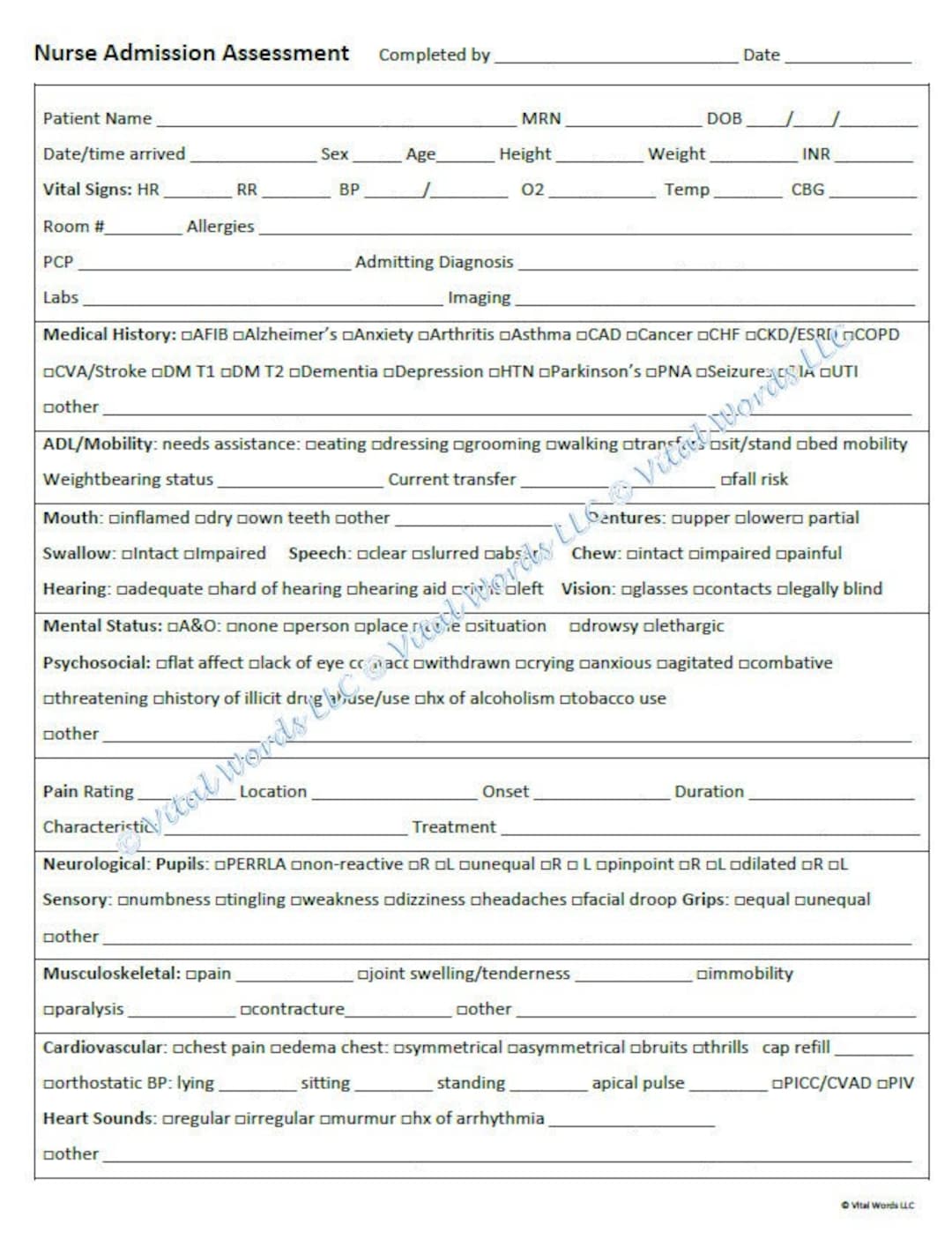 Nurse Head to Toe Admission Assessment (version 2) - Etsy