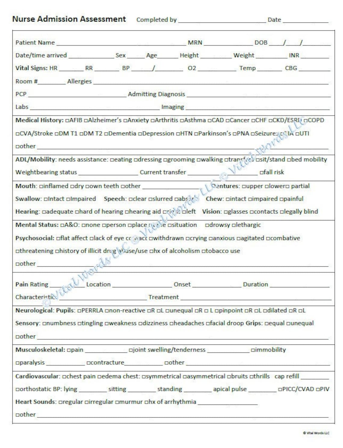 Nurse Head to Toe Admission Assessment (version 2) - Etsy