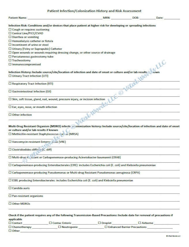Patient Infection Colonization History and Risk Assessment Single Page ...
