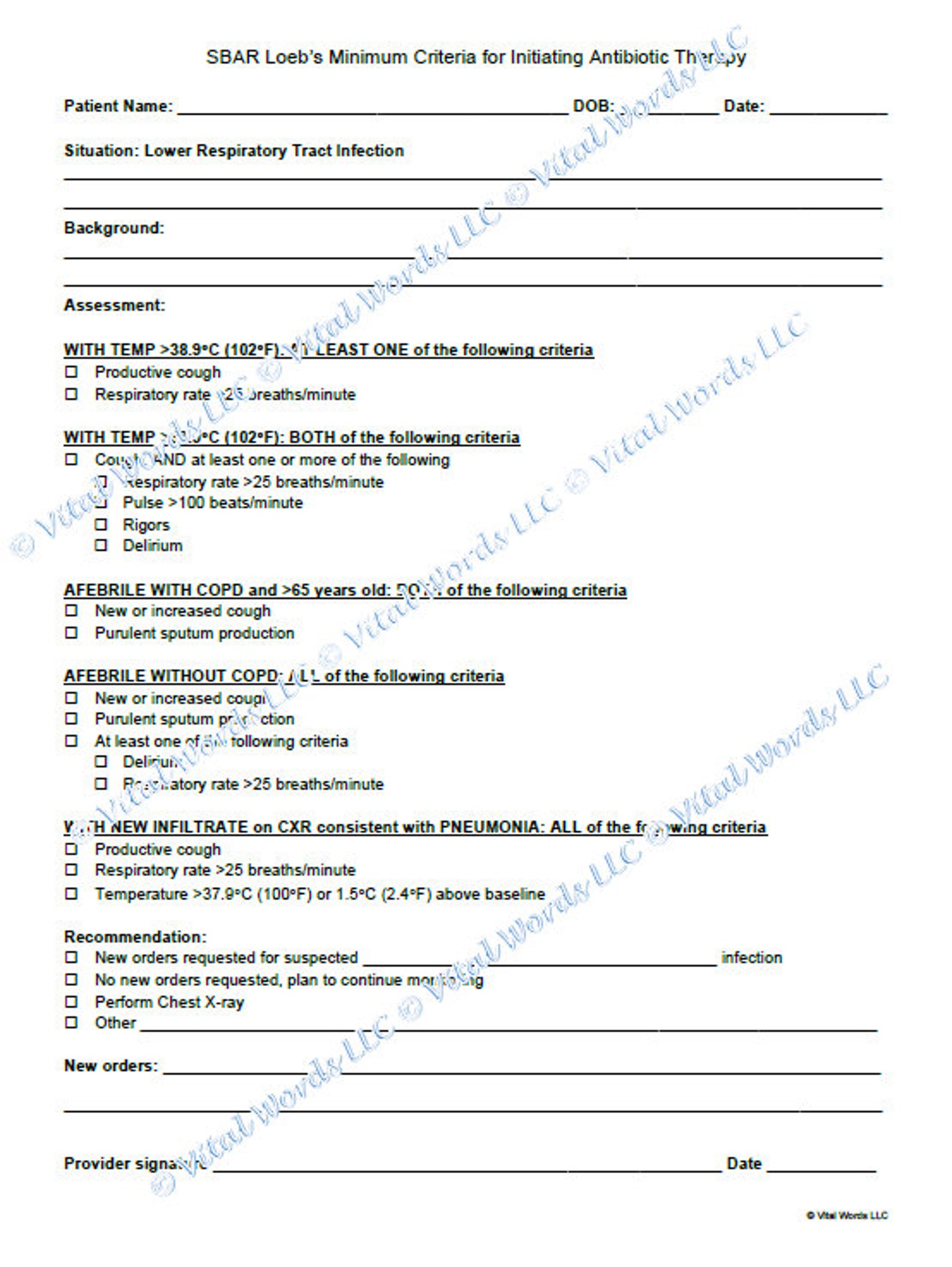 SBAR Form Loeb Criteria for Infections and Antibiotic Initiation - Etsy
