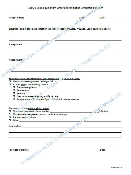 SBAR Form Loeb Criteria for Infections and Antibiotic Initiation - Etsy