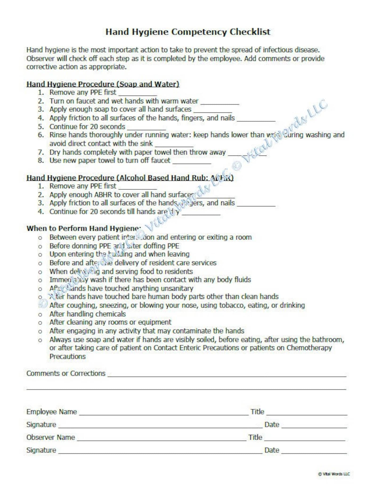 Hand Hygiene Competency Checklist - Etsy