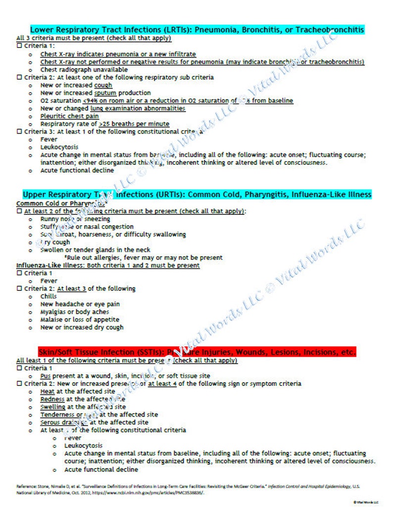 Mcgeer Criteria Infection Surveillance Reference Form - Etsy