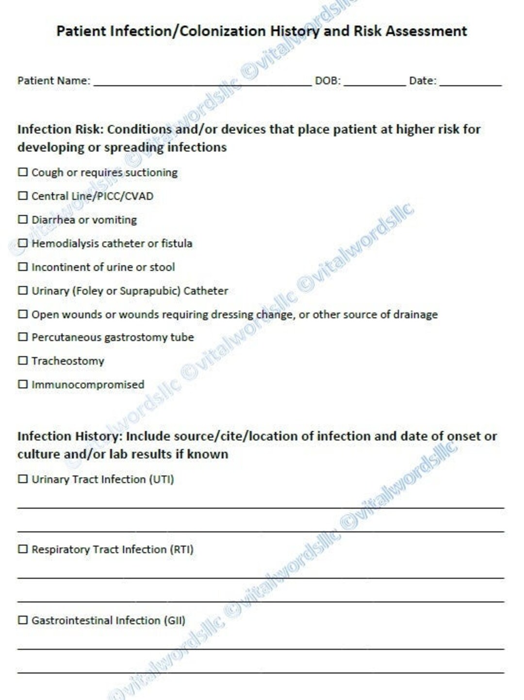 Patient Infection Colonization History and Risk Assessment Form - Etsy