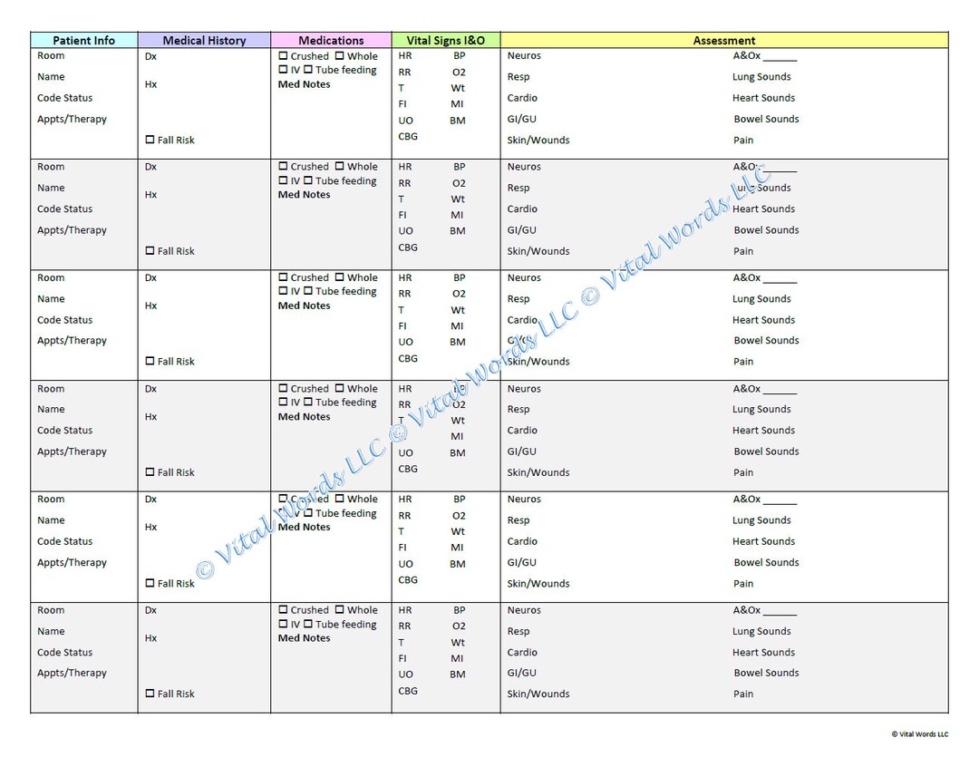 6 Patients/residents Nurse Report Sheet - Etsy