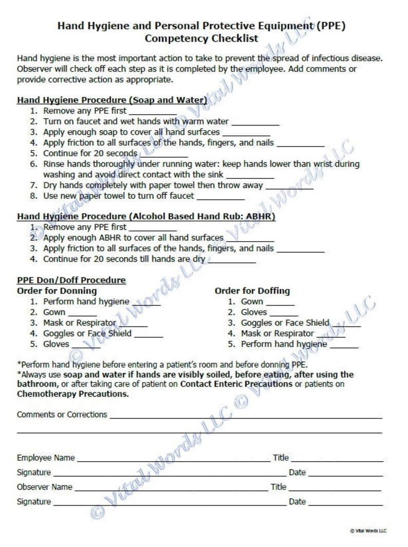 Hand Hygiene and PPE Donning/doffing Competency Checklist - Etsy