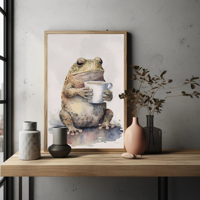 Watercolor Toad Art 3, Grumpy Frog Drinking Coffee Wall Art Print ...