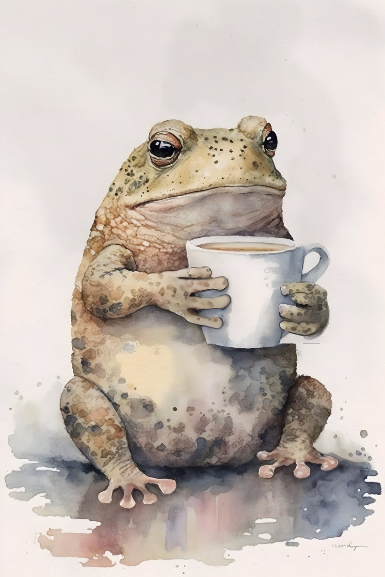 Watercolor Toad Art 3, Grumpy Frog Drinking Coffee Wall Art Print ...
