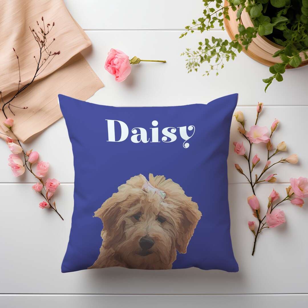 Custom Pet Portrait Pillow, Personalized Dog Photo Cushion, Dog Name ...