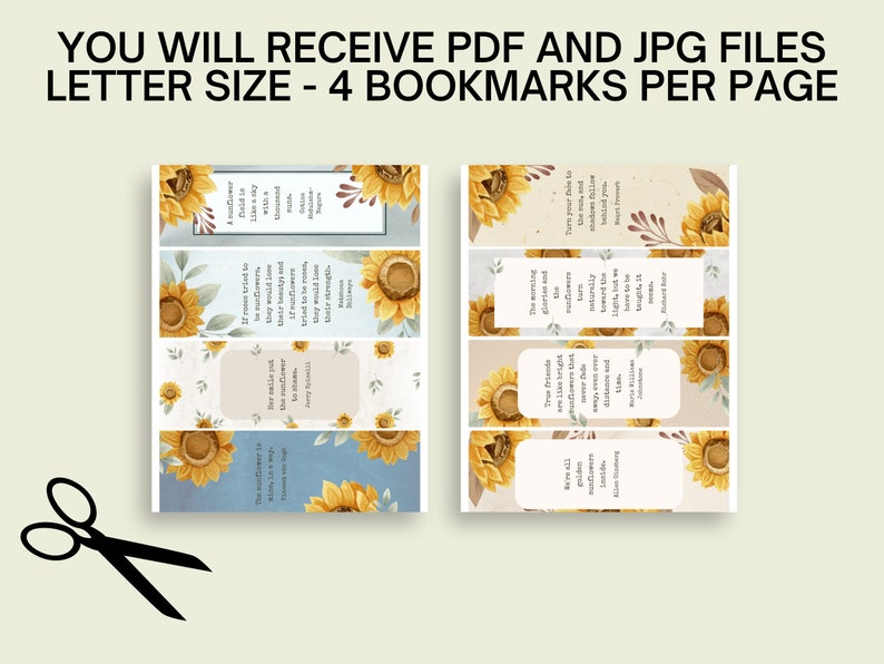 Sunflower Bookmark Printable Set, 8 Bookmarks, Bookworm Gift, Gift for ...