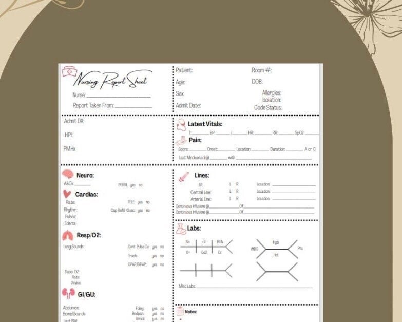 Nursing Report Sheet - Med Surg Report Sheet - Clinical Report Sheet ...
