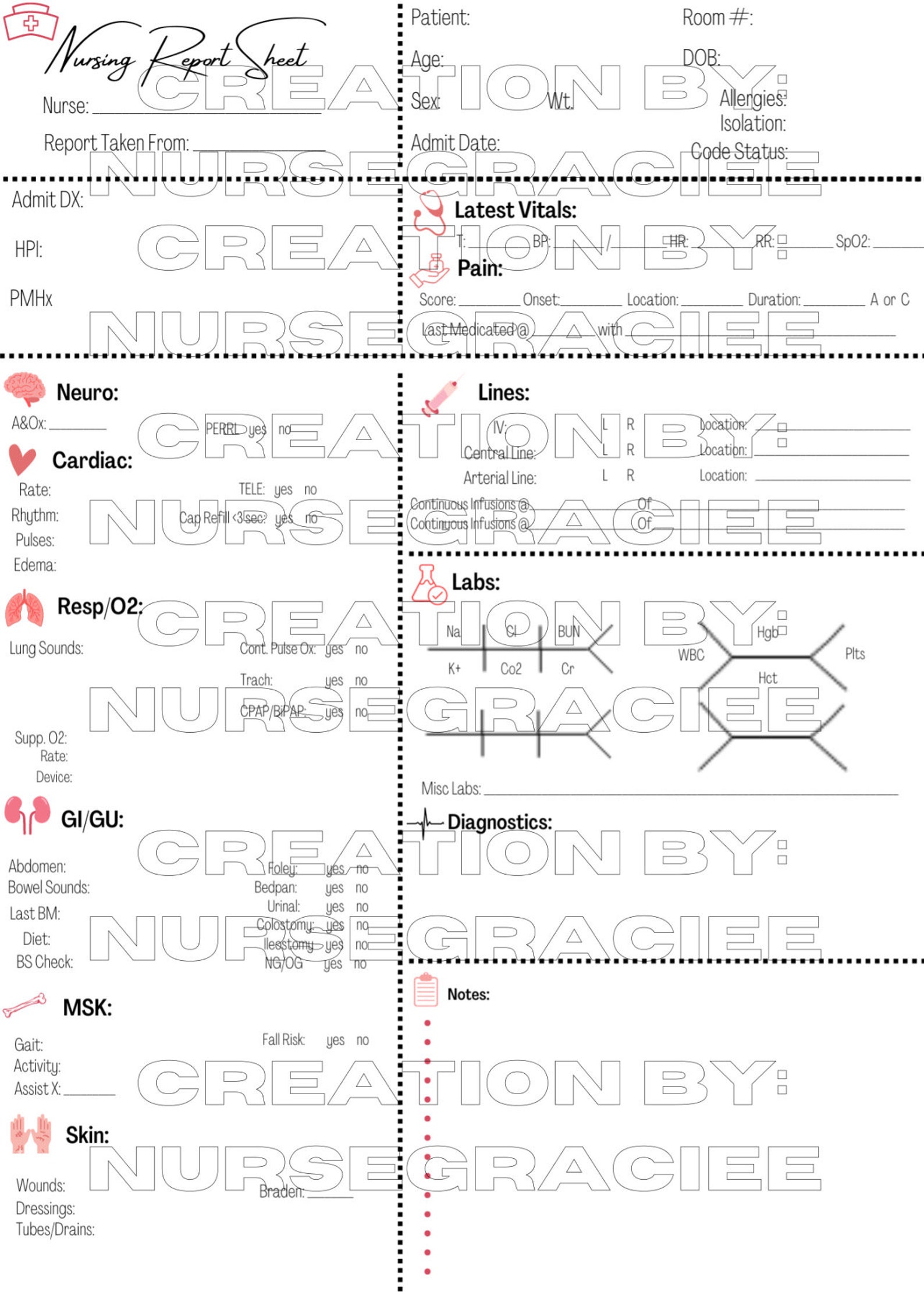 Nursing Report Sheet - Med Surg Report Sheet - Clinical Report Sheet ...