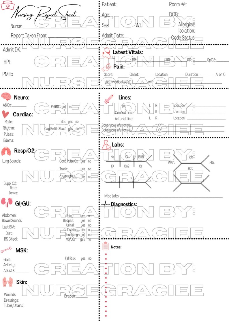 Nursing Report Sheet - Med Surg Report Sheet - Clinical Report Sheet ...