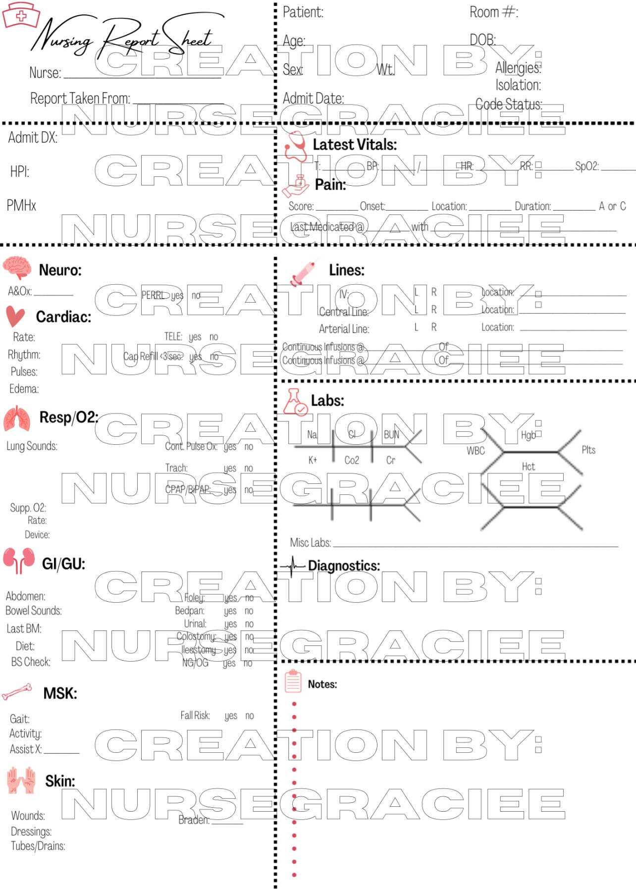 Nursing Report Sheet - Med Surg Report Sheet - Clinical Report Sheet ...