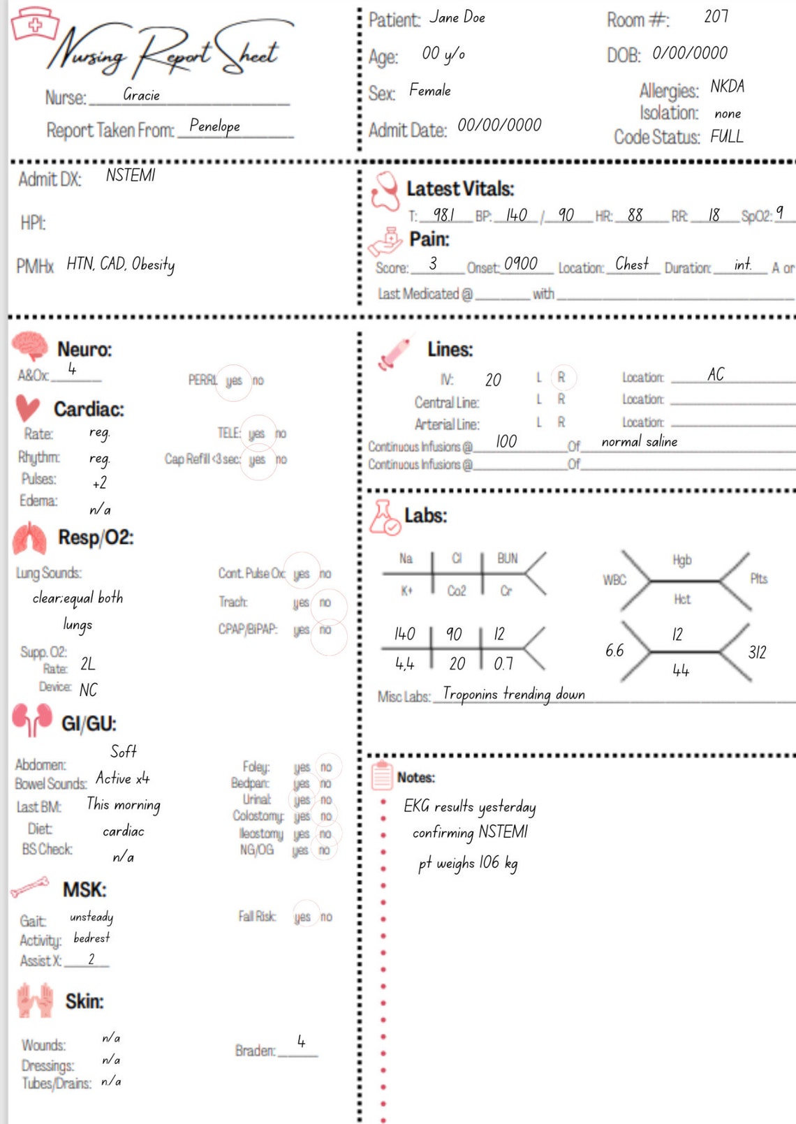 Nursing Report Sheet - Med Surg Report Sheet - Clinical Report Sheet ...