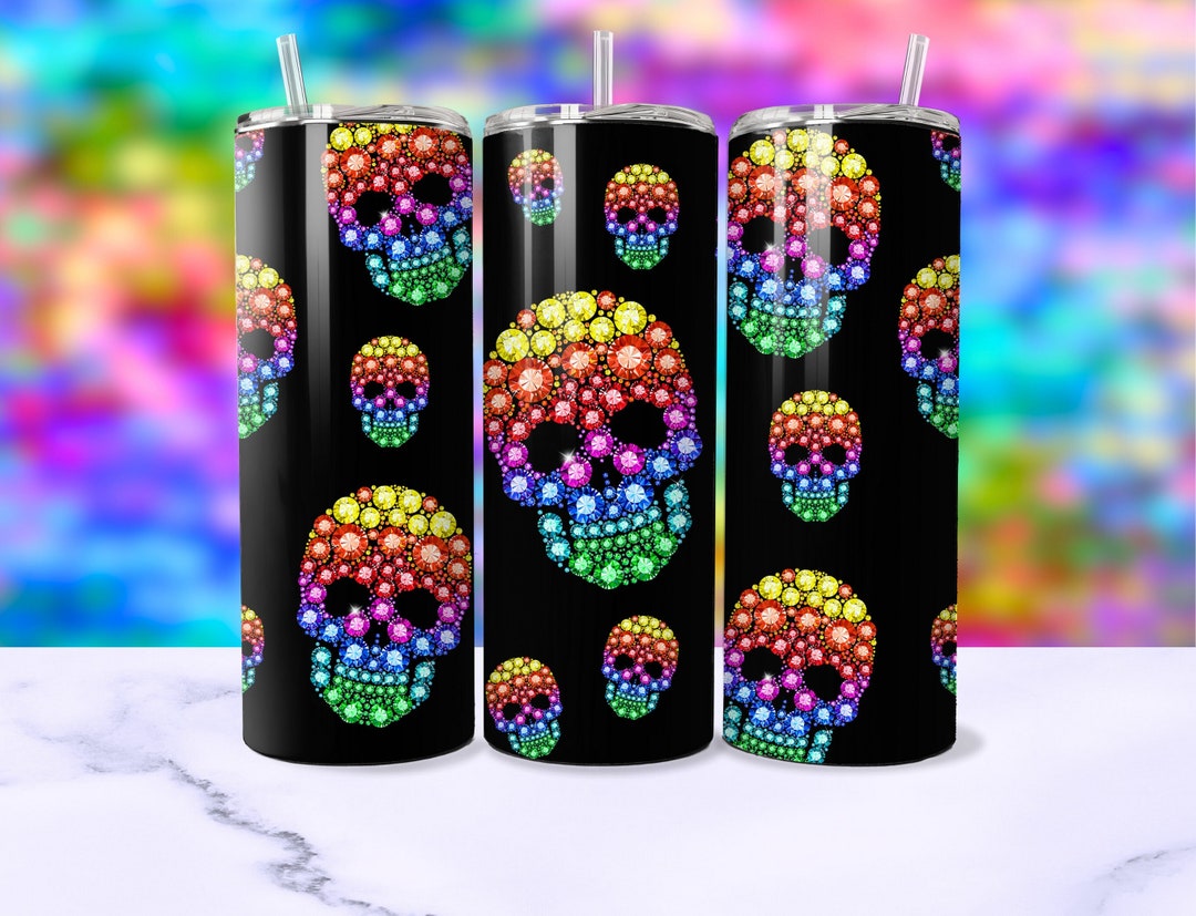 Blingy Rainbow Skulls Seamless Tumbler Wrap, Sparkly Glitter Gemstones ...
