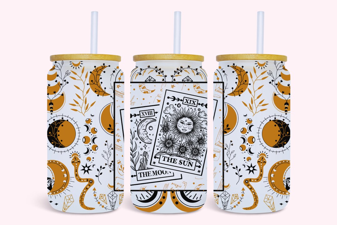Tarot Cards Witchy 16oz Glass Can Wrap PNG, Celestial Glass Jar Tumbler Seamless Sublimation ...