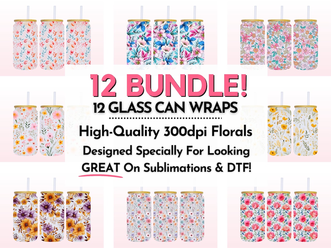 Seamless Flowers Glass Can Wrap Bundle, 16oz Glass Can Tumbler ...