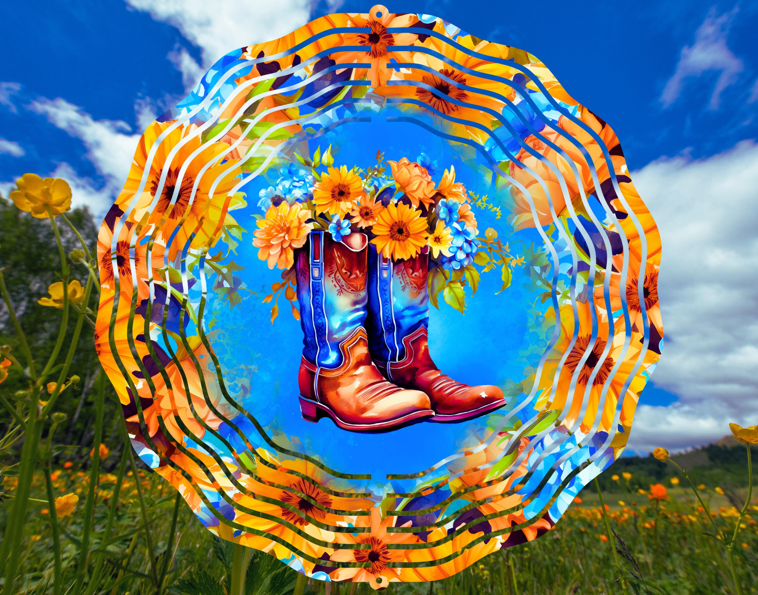 Country Wind Spinner PNG, Boots Flowers Wind Spinner Sublimation Design ...