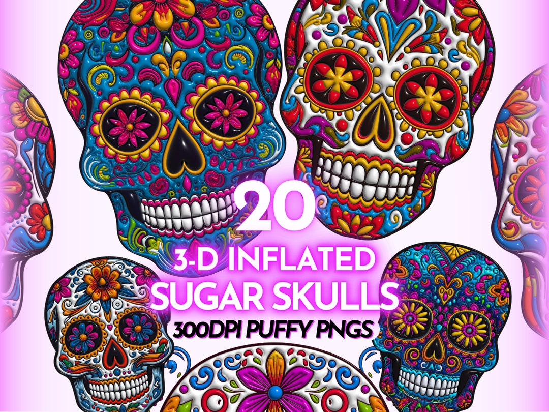 Puffy Sugar Skull PNG Bundle, 3D Inflated Sugar Skull Clip Art, Day of ...