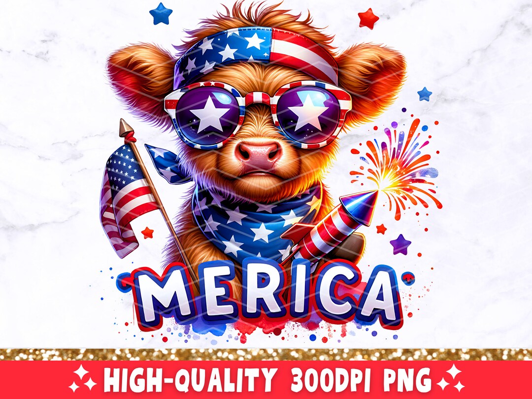 July 4th Highland Cow PNG, Merica Funny Cute Baby Cow Fourth of July ...