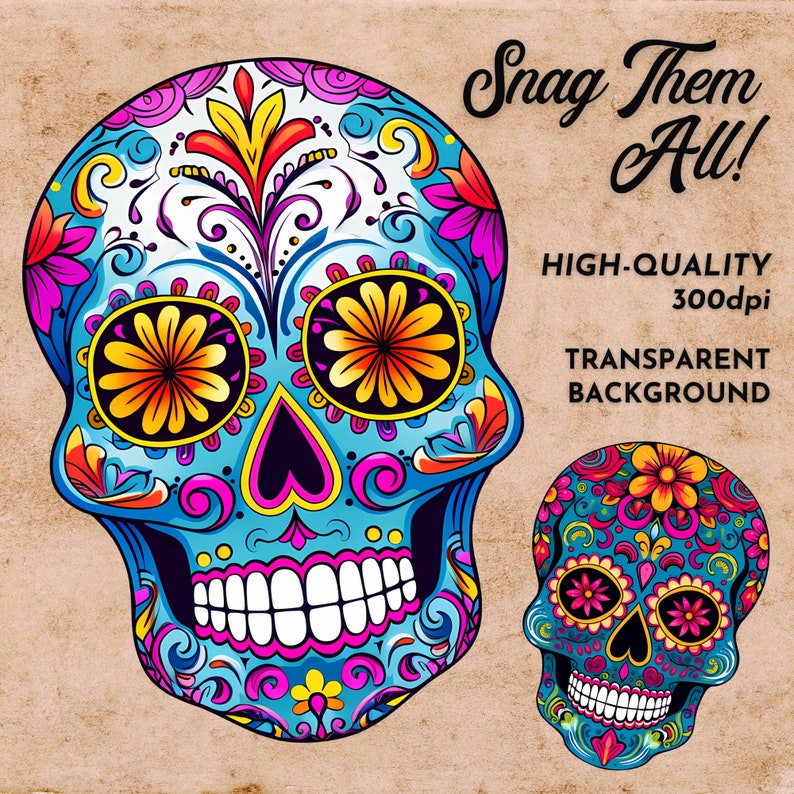 Sugar Skull PNG Bundle, Sugar Skull Clip Art, Day of the Dead ...