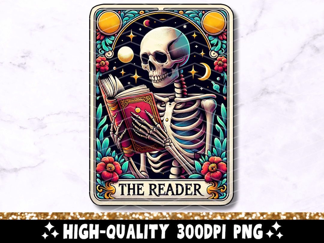The Reader Tarot Card PNG, Reading Skeleton Sublimation Design, Book ...