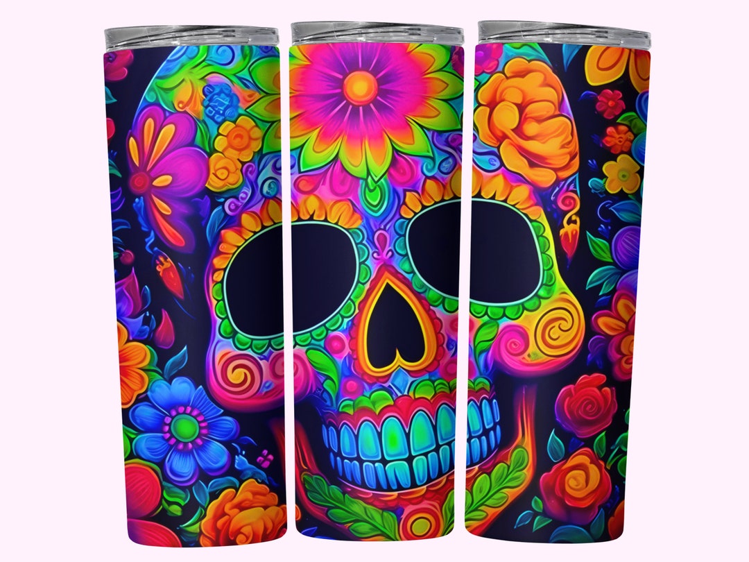 Neon Sugar Skull Tumbler Wrap, 20oz Skinny Tumbler Sublimation Design ...