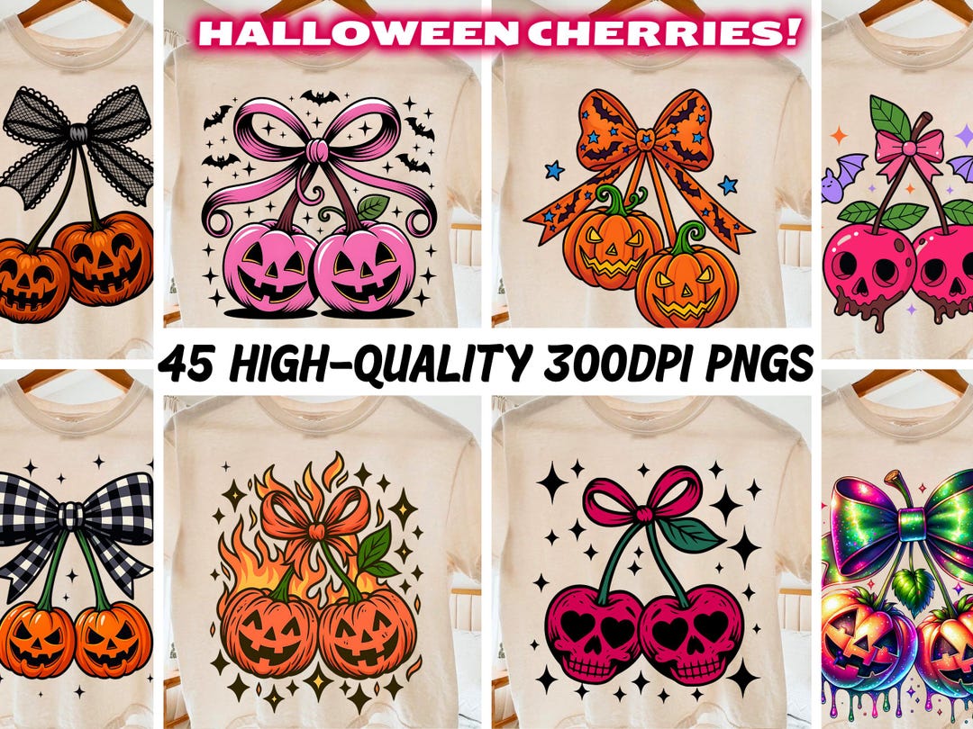 Halloween Cherries Design Bundle, Retro Pumpkin Skull Cherries Clip Art ...
