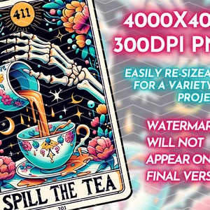 Spill the Tea Funny Tarot Card PNG, Sarcastic Skeleton Sublimation ...