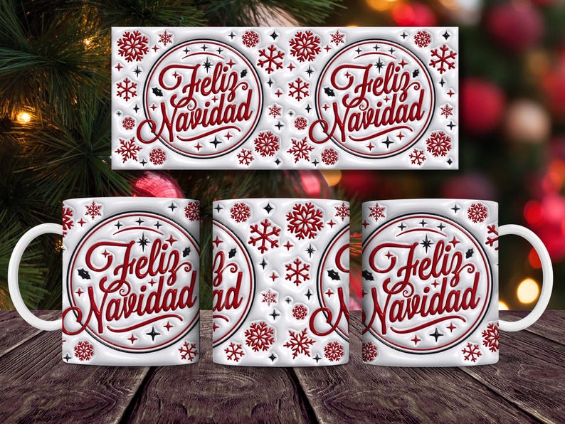 3D Feliz Navidad Inflated Christmas Mug Wrap, 11oz and 15oz Mug ...