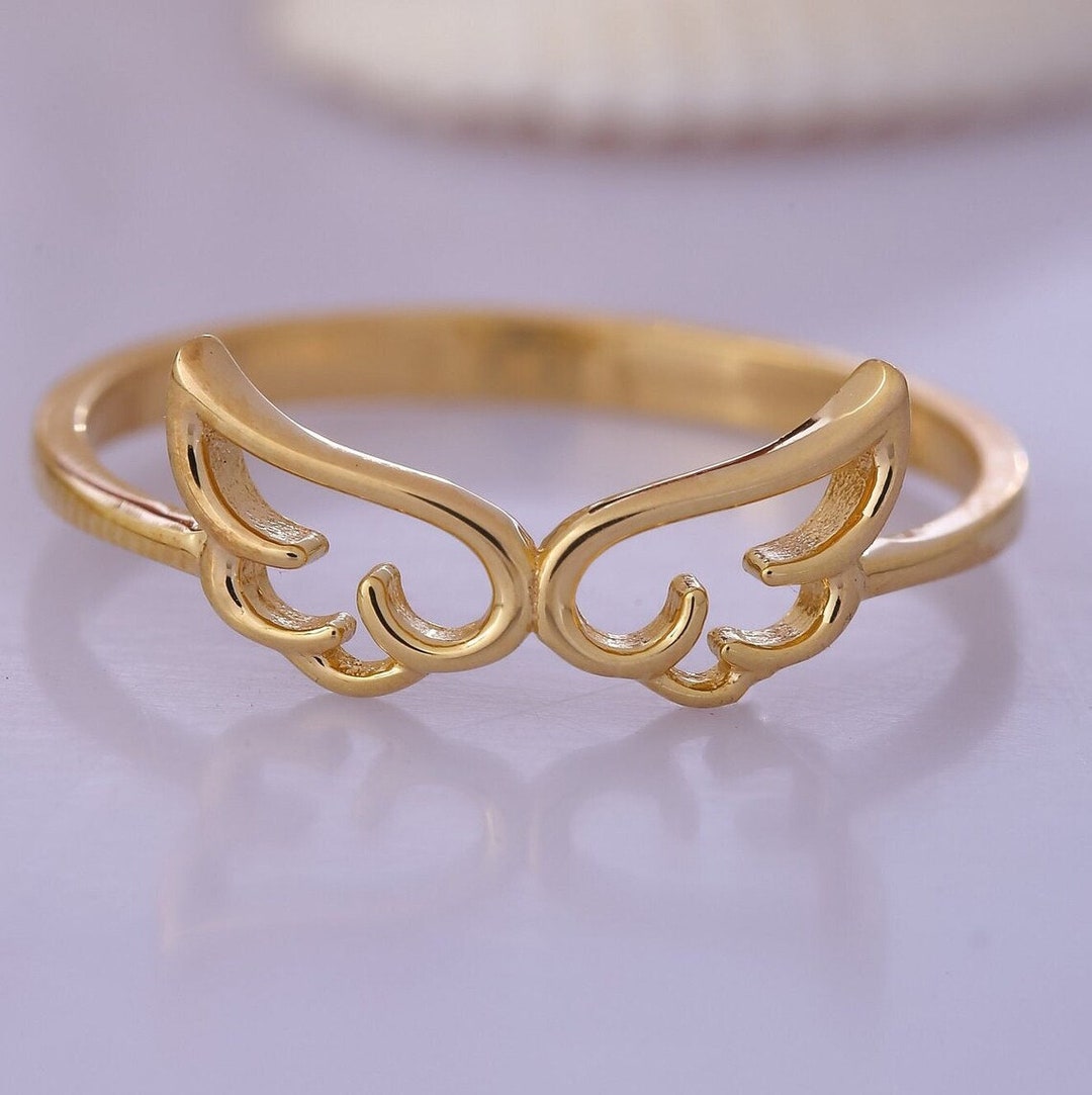 14K Solid Gold Angel Wings Ring, 925 Sterling Silver Angel Wings Ring ...