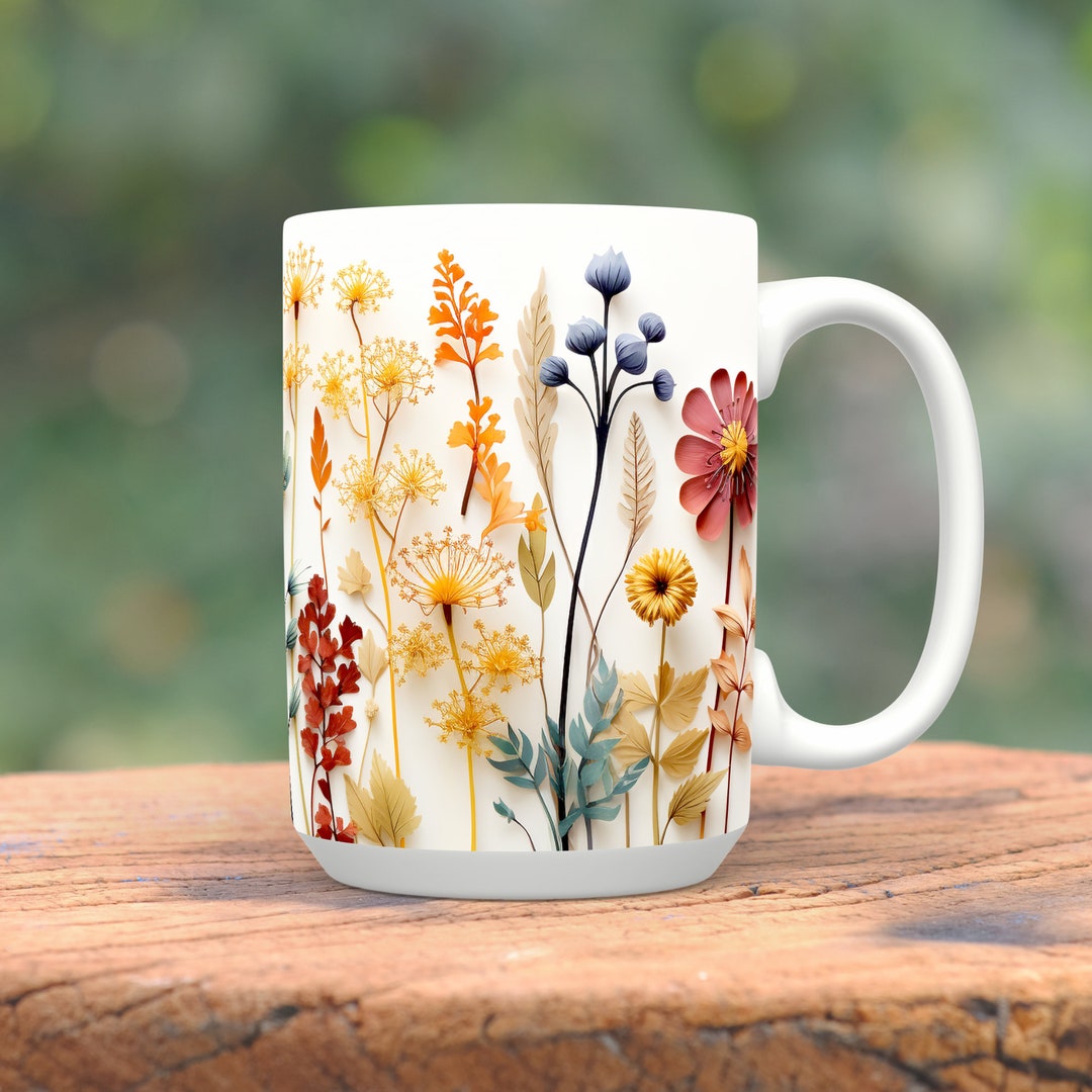 Autumn Pressed Flowers Mug, 15oz Mug, Boho Wildflowers Cottagecore Mug ...