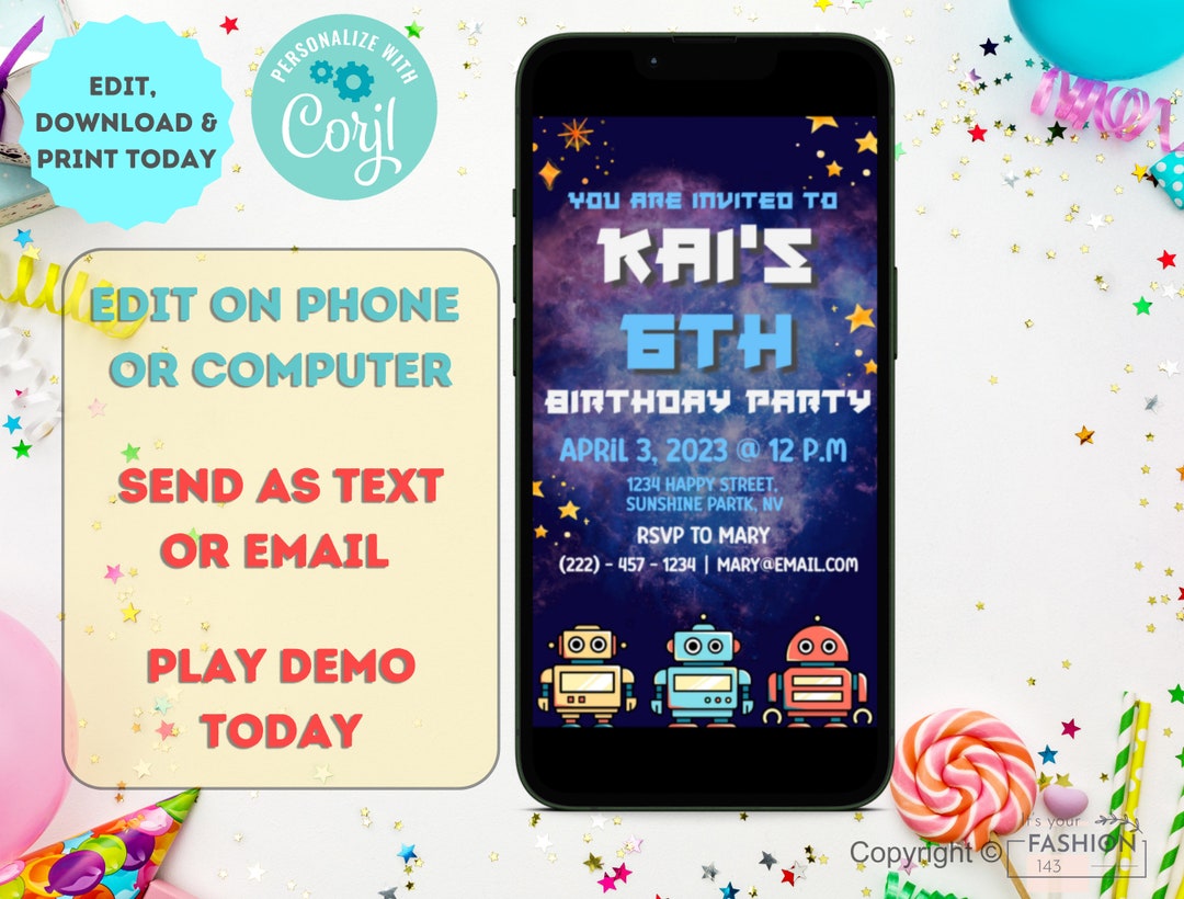 Robot Birthday Party Invitation Digital TXT Invite, Black Space DIGITAL ...