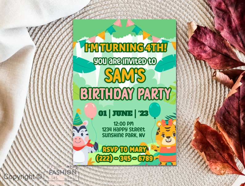 Jungle Theme Birthday Invitation Editable 5x7 & Mobile Invite Bonus ...