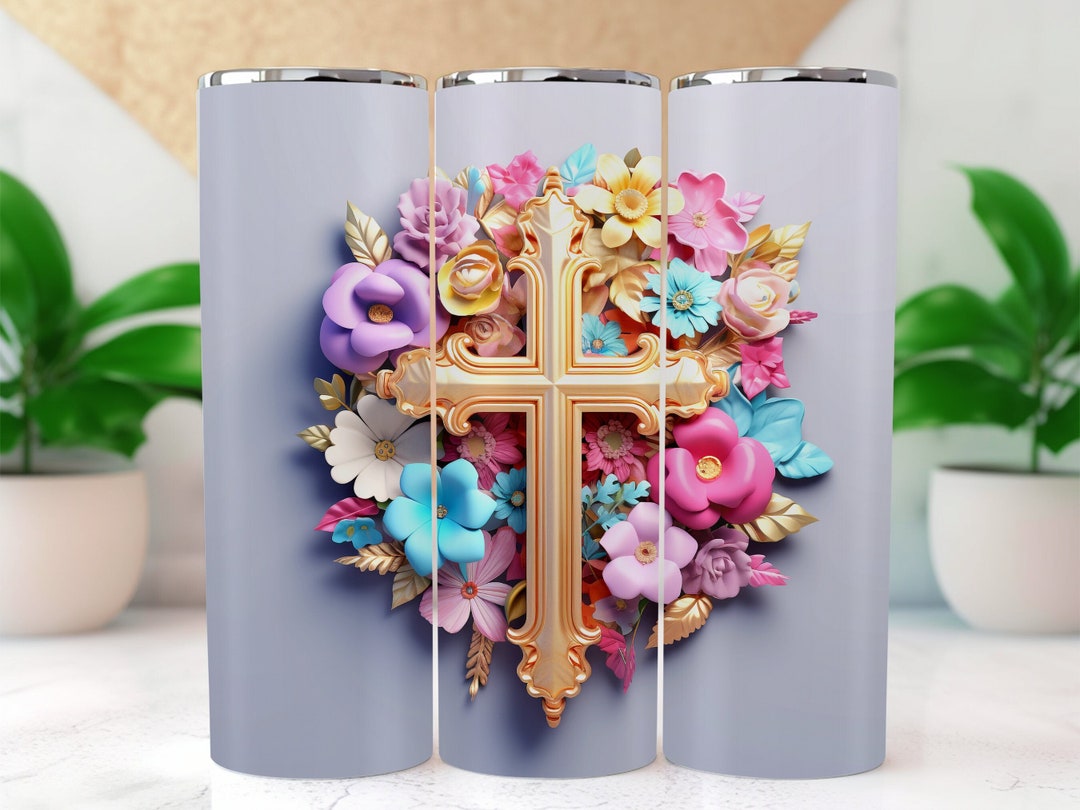 3D Cross Tumbler Wrap Floral Sublimation 20oz Skinny Straight Gold ...