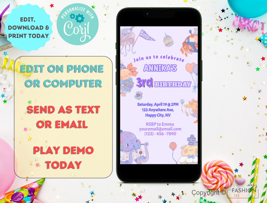 EDITABLE Mobile Birthday Party Invitation Under the Sea Digital Text ...