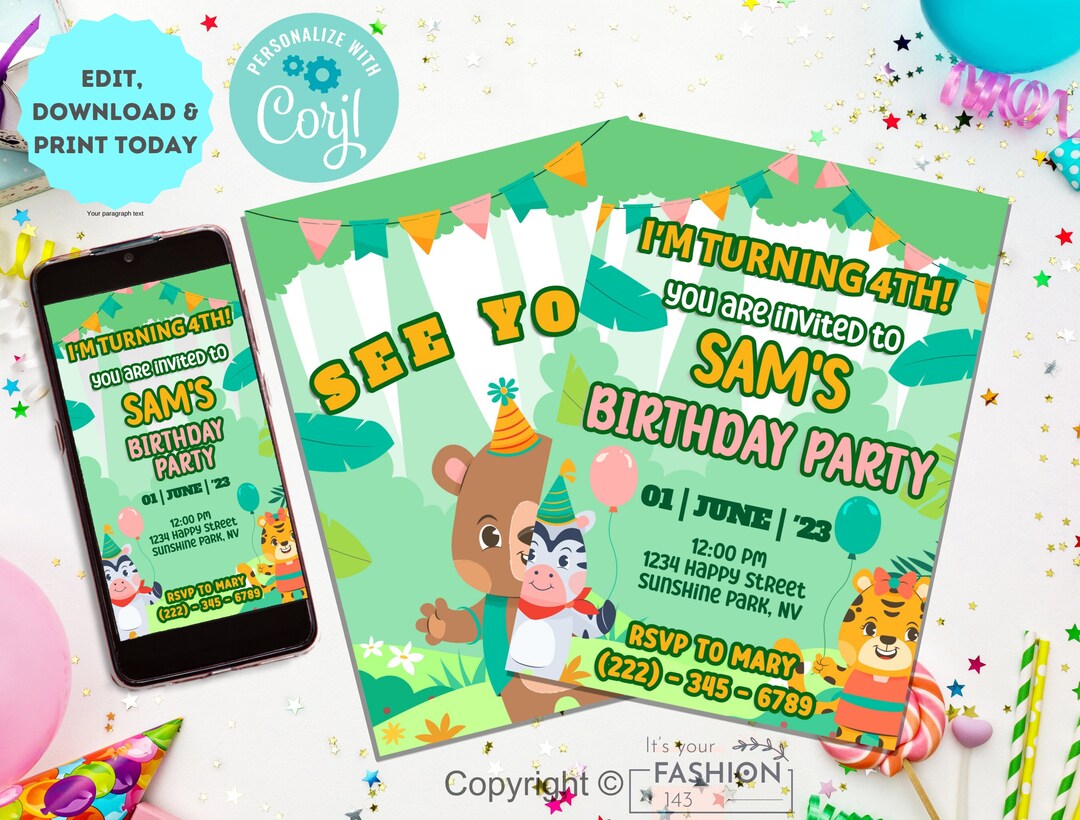 Jungle Theme Birthday Invitation Editable 5x7 & Mobile Invite Bonus ...