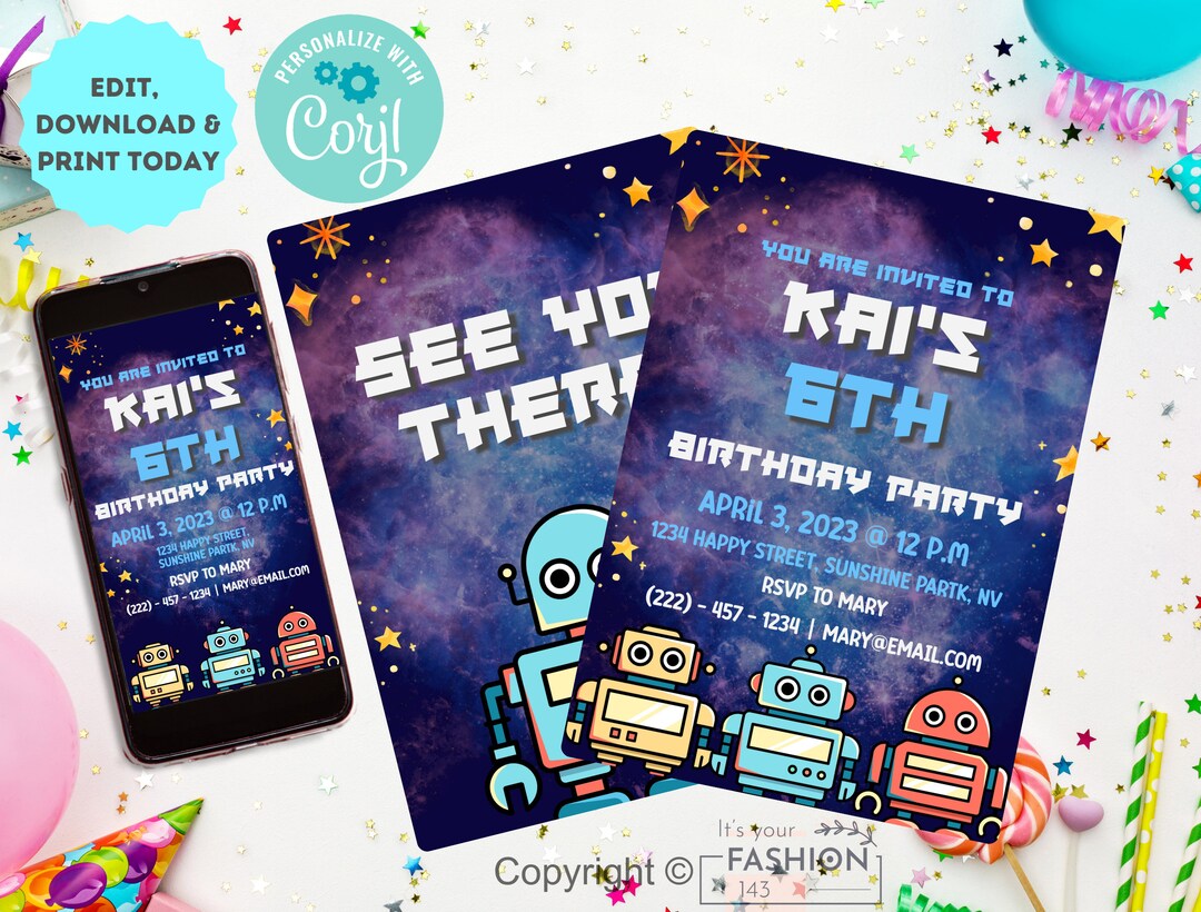Robot Space Birthday Party Invitation Editable 5x7 & Mobile Digital ...