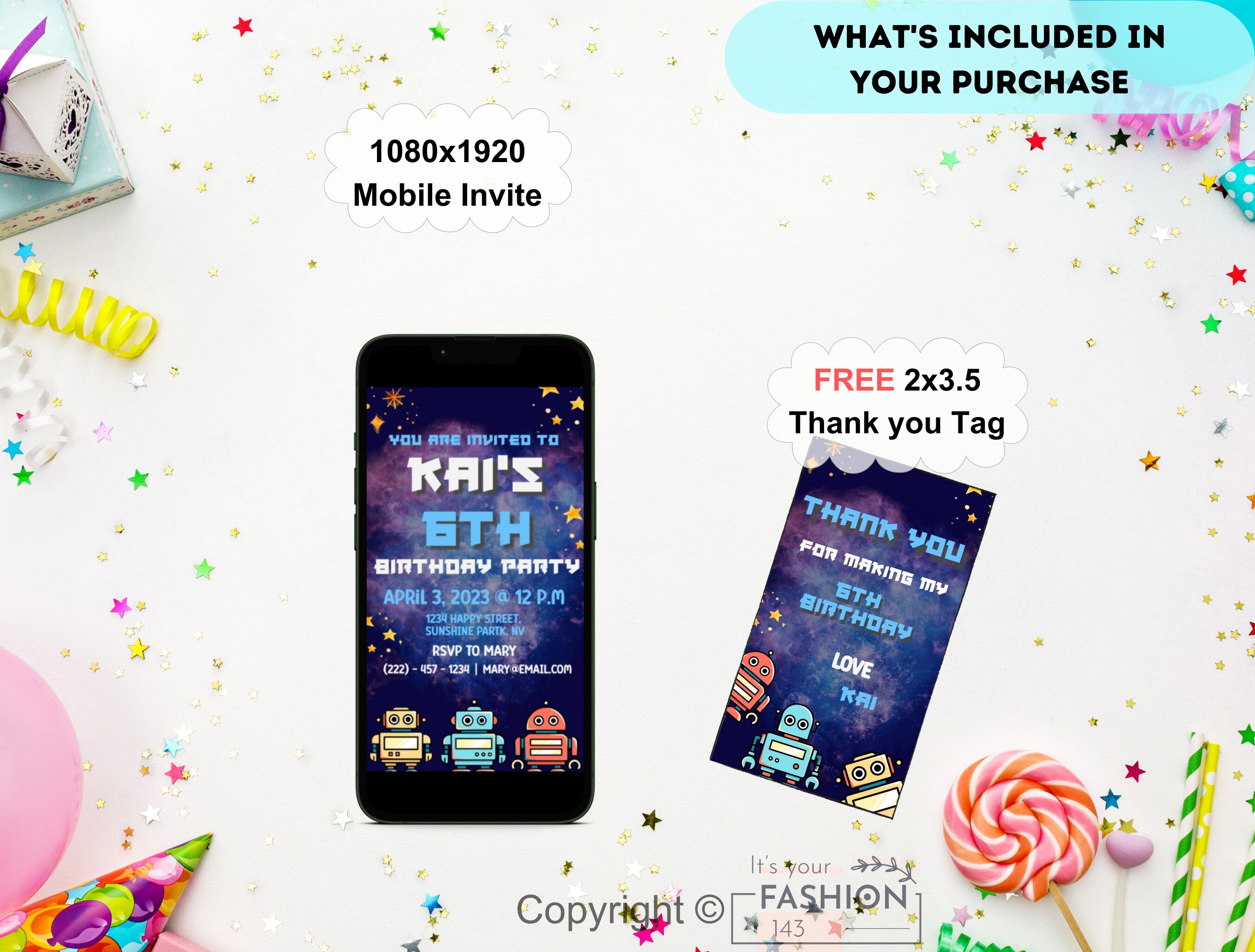 Robot Birthday Party Invitation Digital TXT Invite, Black Space DIGITAL ...
