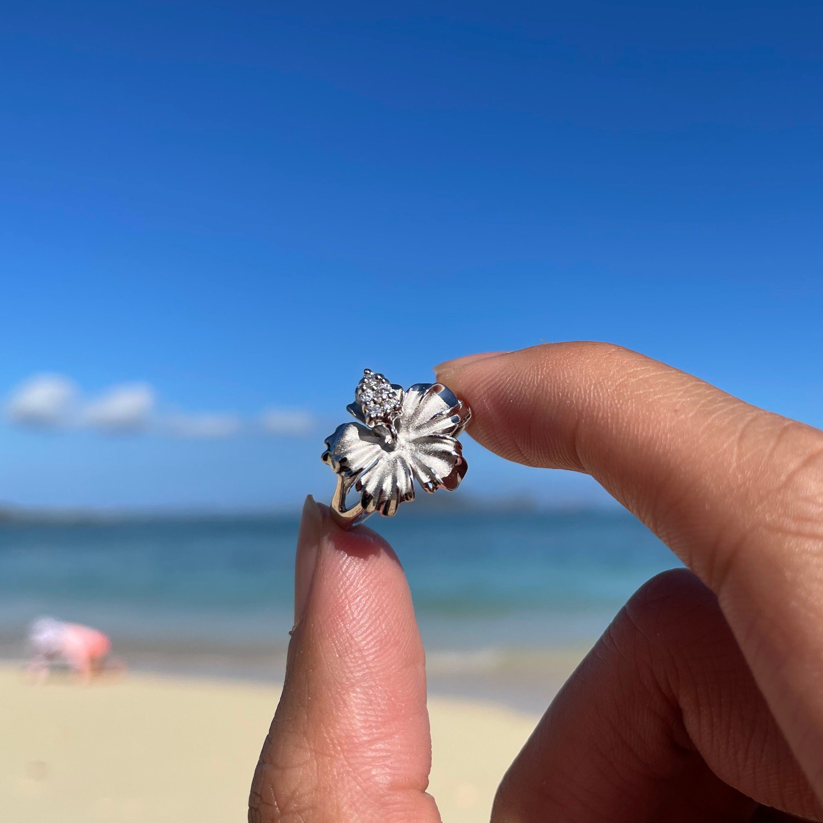 Medium Hawaiian Hibiscus Flower Ring With CZ Solid Sterling Silver ...