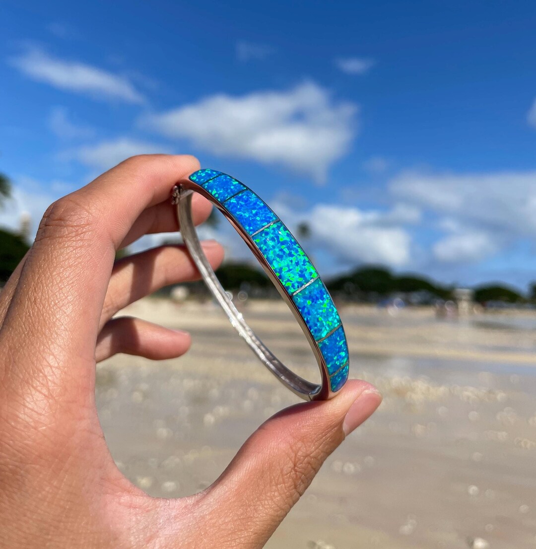 Blue Fire Classic Opal Bangle With Box Clasp Closure / 925 Sterling ...
